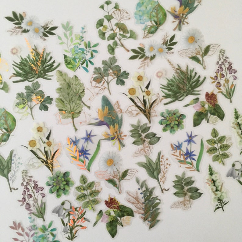 Floral Stickers / 40 Floral Stickers Vinyl White W/green - Etsy