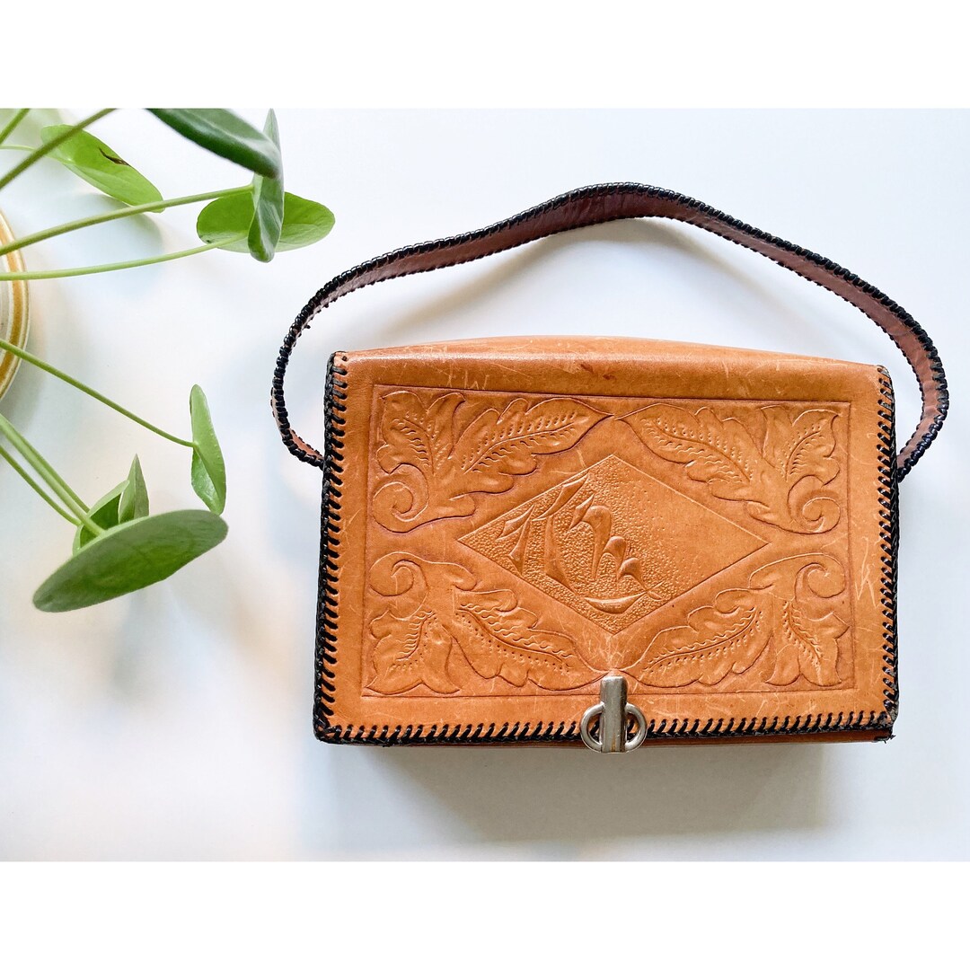 Vintage Tooled Leather Purse, Leaf Design, Tooled Leather, Southwestern ...