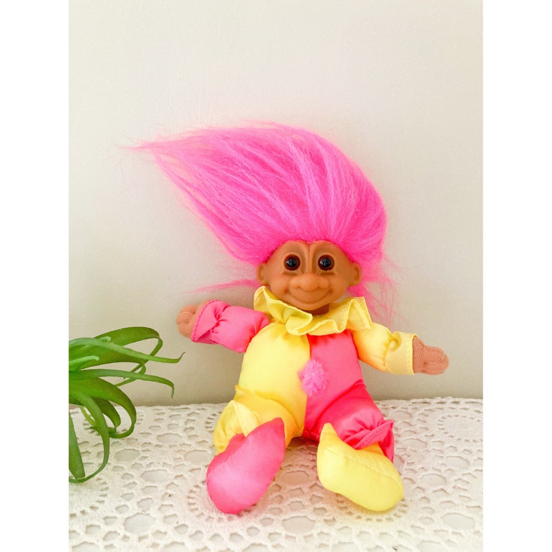 Vintage Clown Troll Doll, Pink and Yellow Jester Troll, Soft Body Troll ...