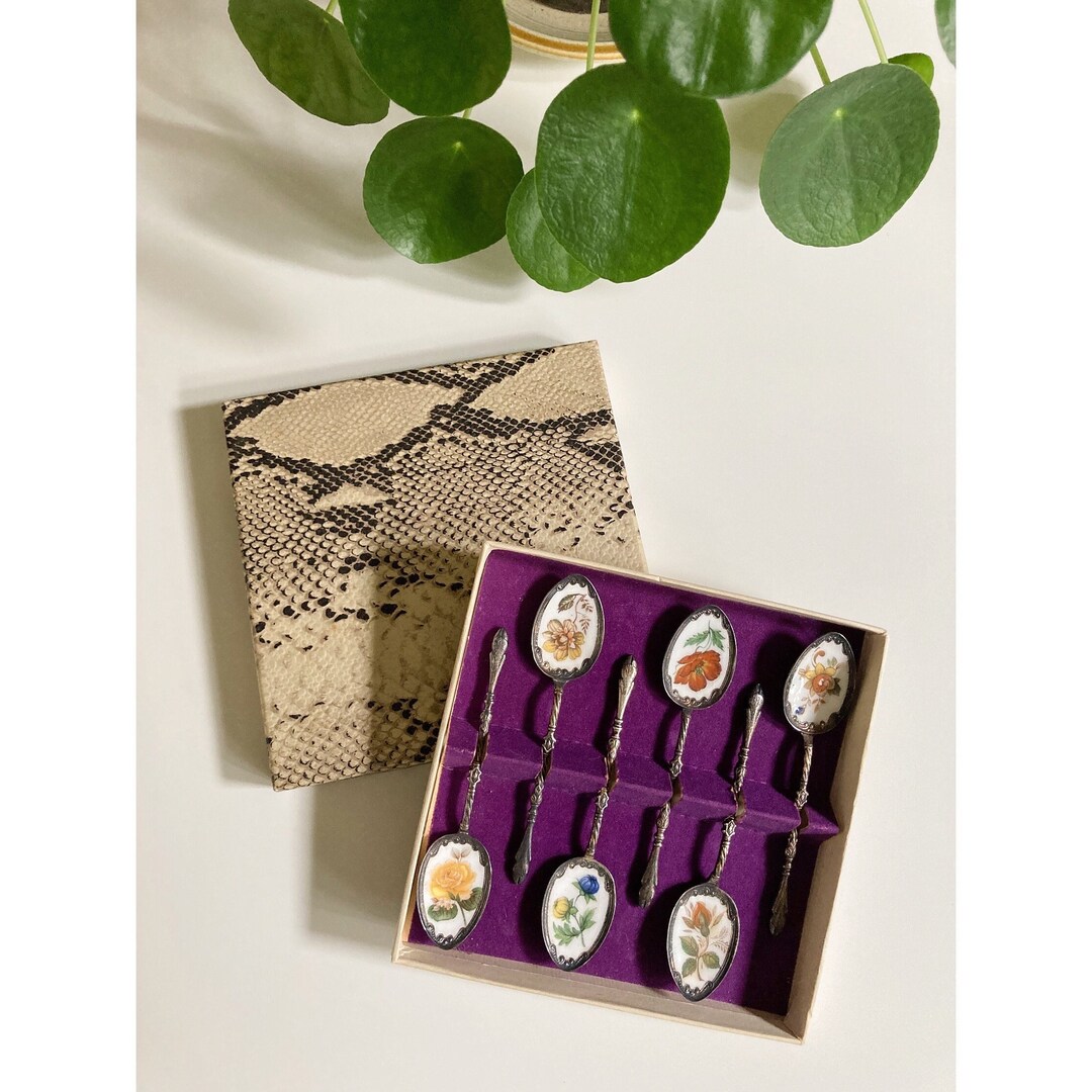 Vintage Floral Teaspoon Set, Porcelain Spoons, Demitasse, Silver Plated ...