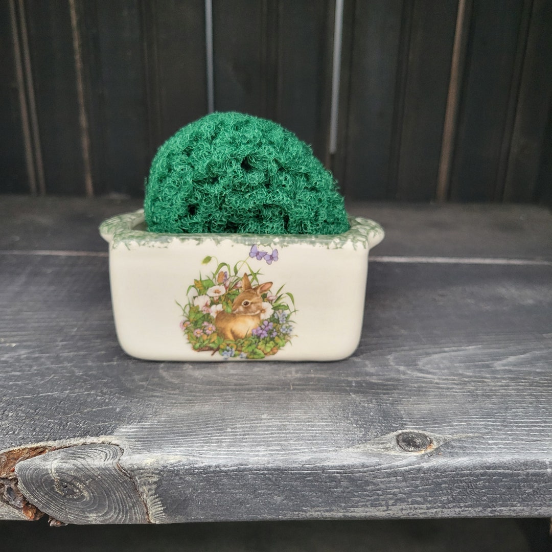 Rabbit Motif Small Ceramic Scrubby Holder With Hand Sponged Green Trim ...