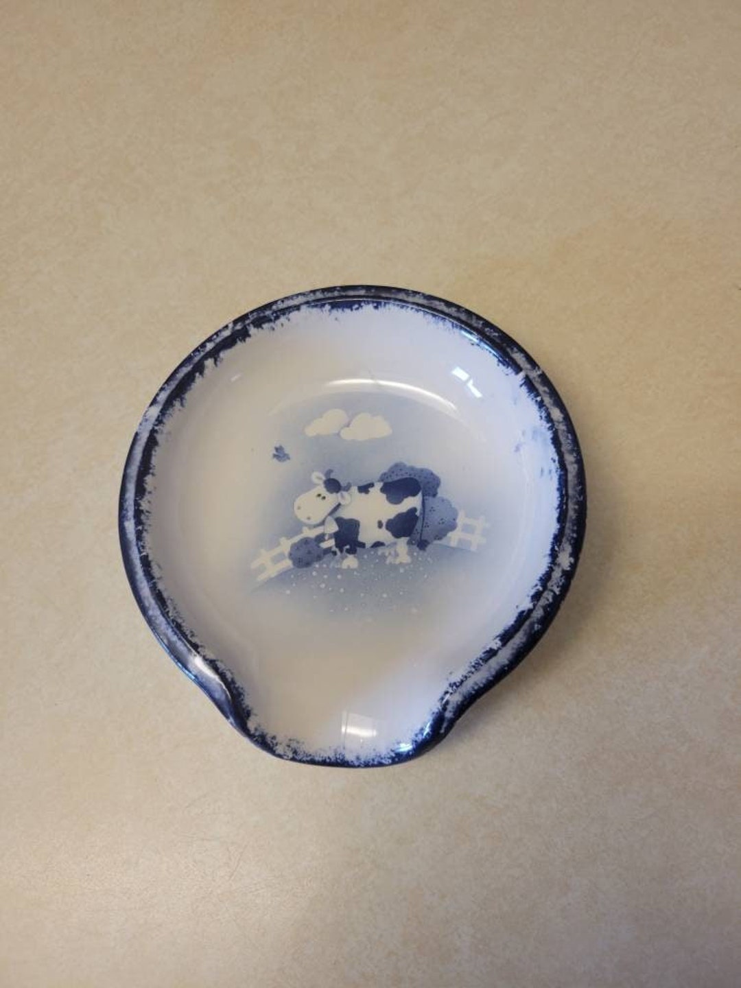 Blue Cow Motif Scoop Style Spoon Rest With Hand Sponged Blue Trim - Etsy