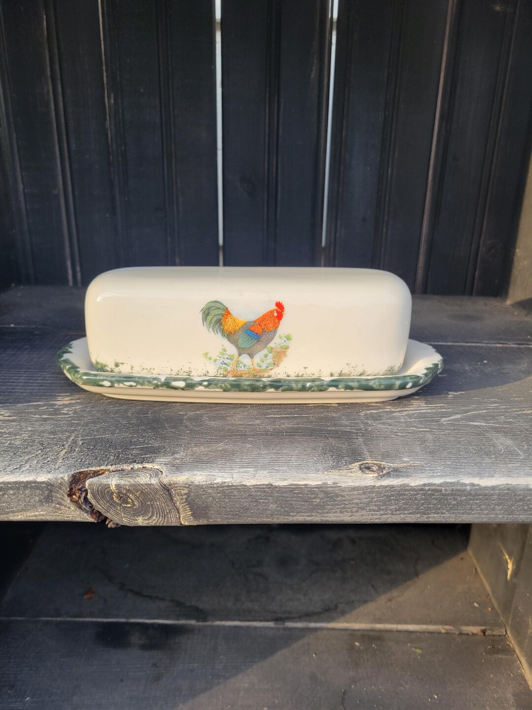 Rooster Motif Classic Butter Dish With Hand Sponged Green Trim - Etsy