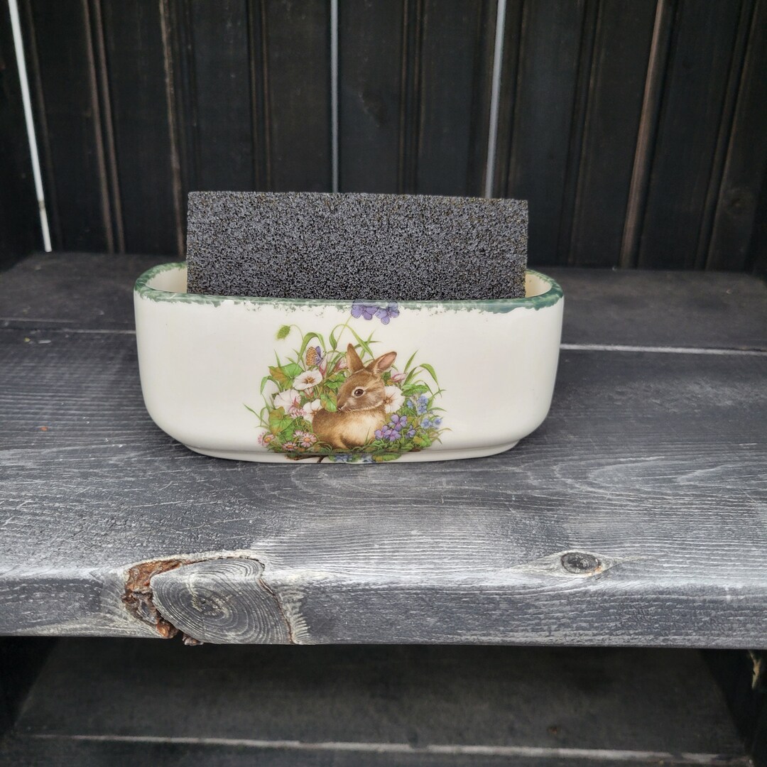 Rabbit Motif Ceramic Sponge/sos/scrubbie Holder With Hand Sponged Green ...