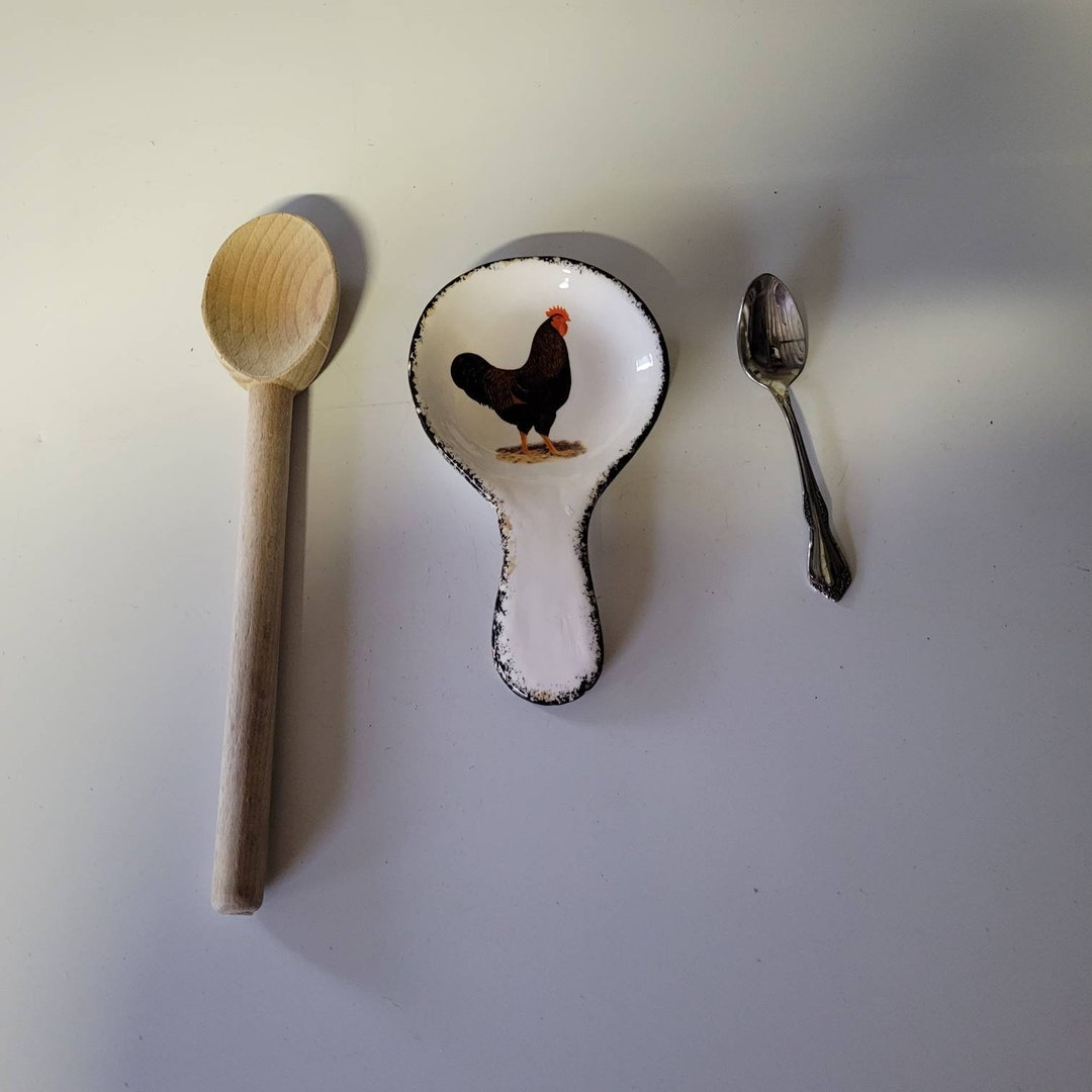 Rooster Motif Large Flat Spoon Rest With Hand Sponged Black and Brown ...