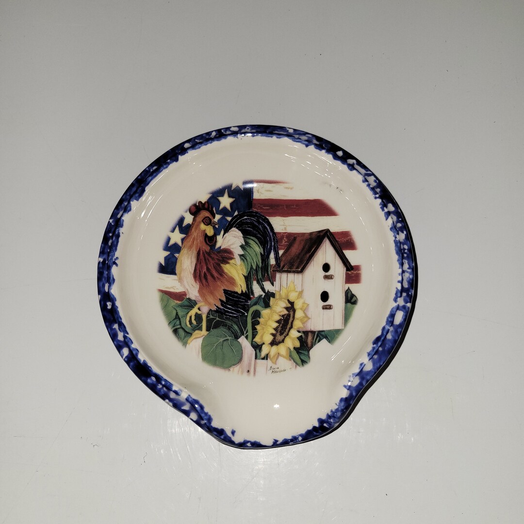 Americana Rooster Motif Ceramic Scoop Style Spoon Rest With Hand ...