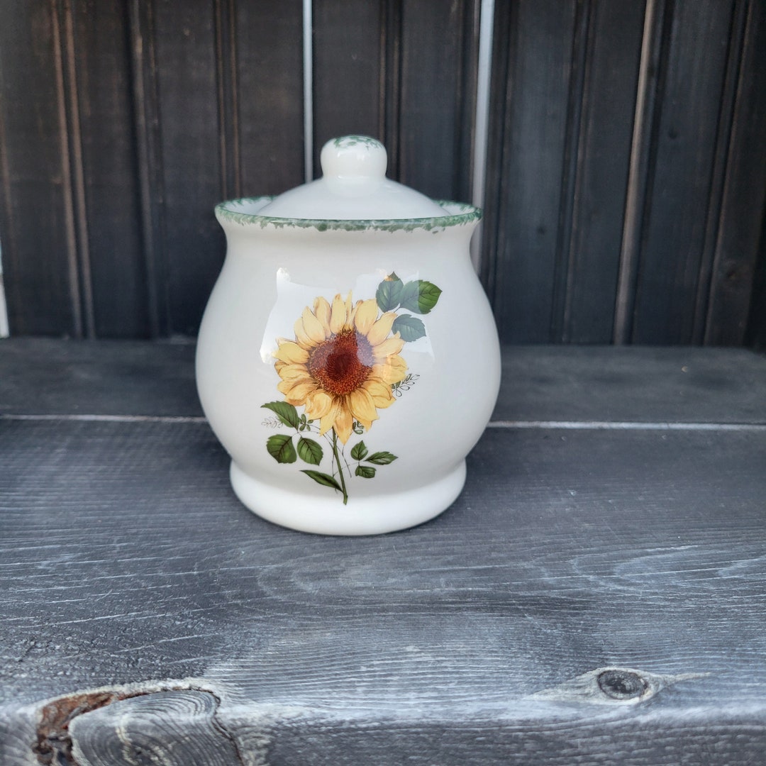 Sunflower Motif Ceramic Sugar Bowl With Hand Sponged Green Trim - Etsy