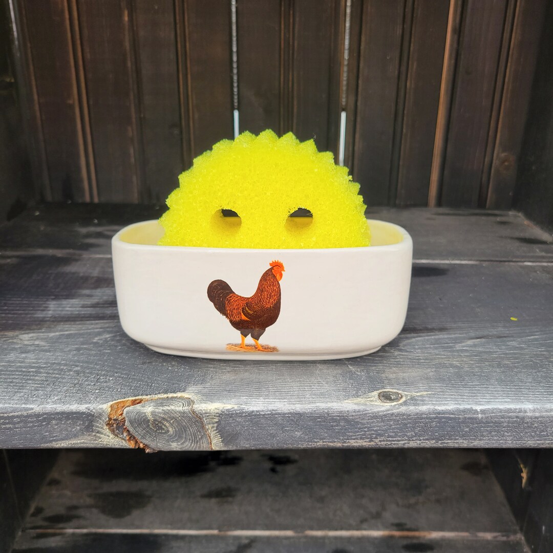 Farmhouse White With Brown Chicken Motif Ceramic Sponge/scrubbie/ Chore ...