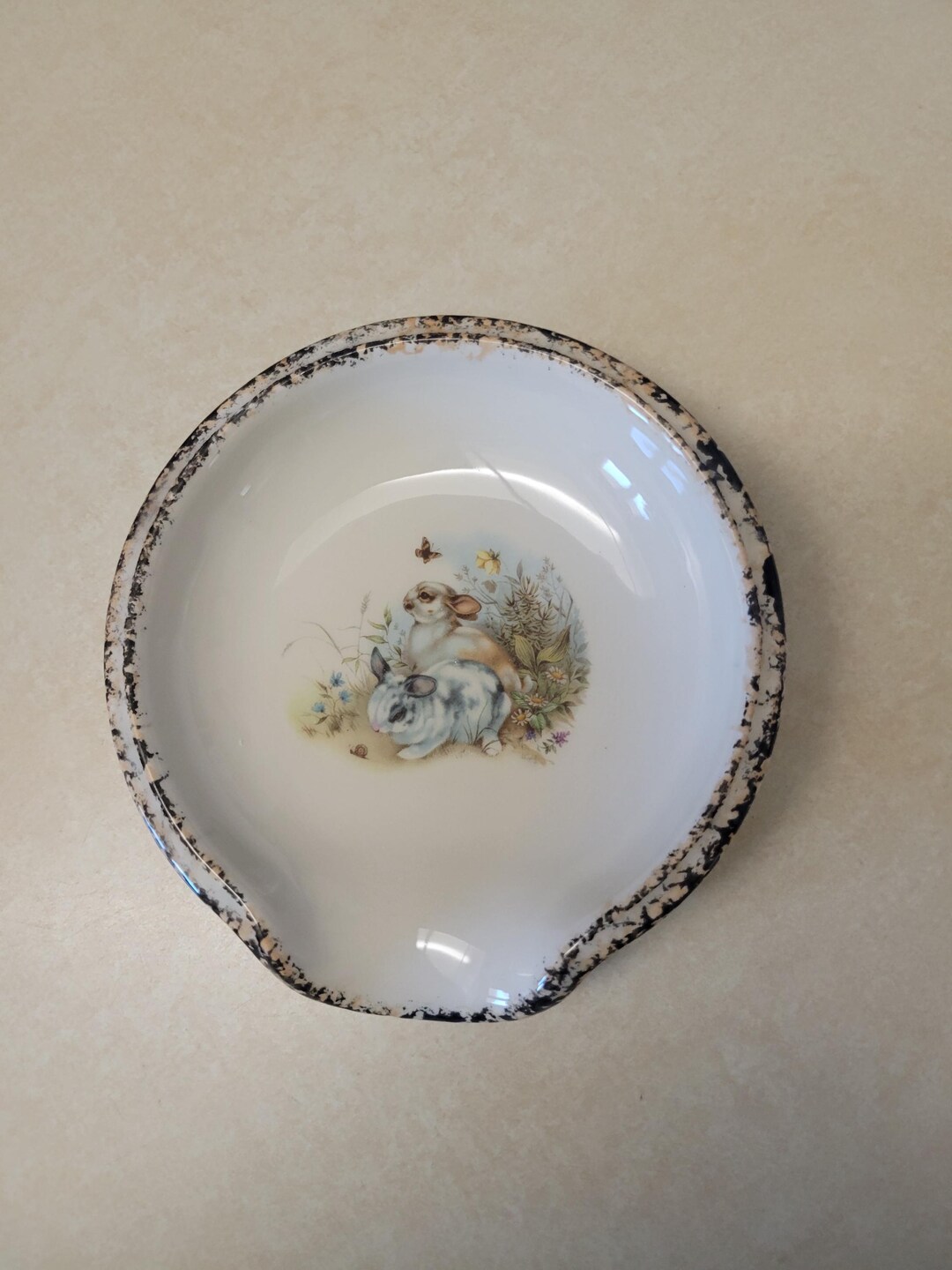 Bunny Motif Ceramic Scoop Style Spoon Rest With Hand Sponged Black and ...