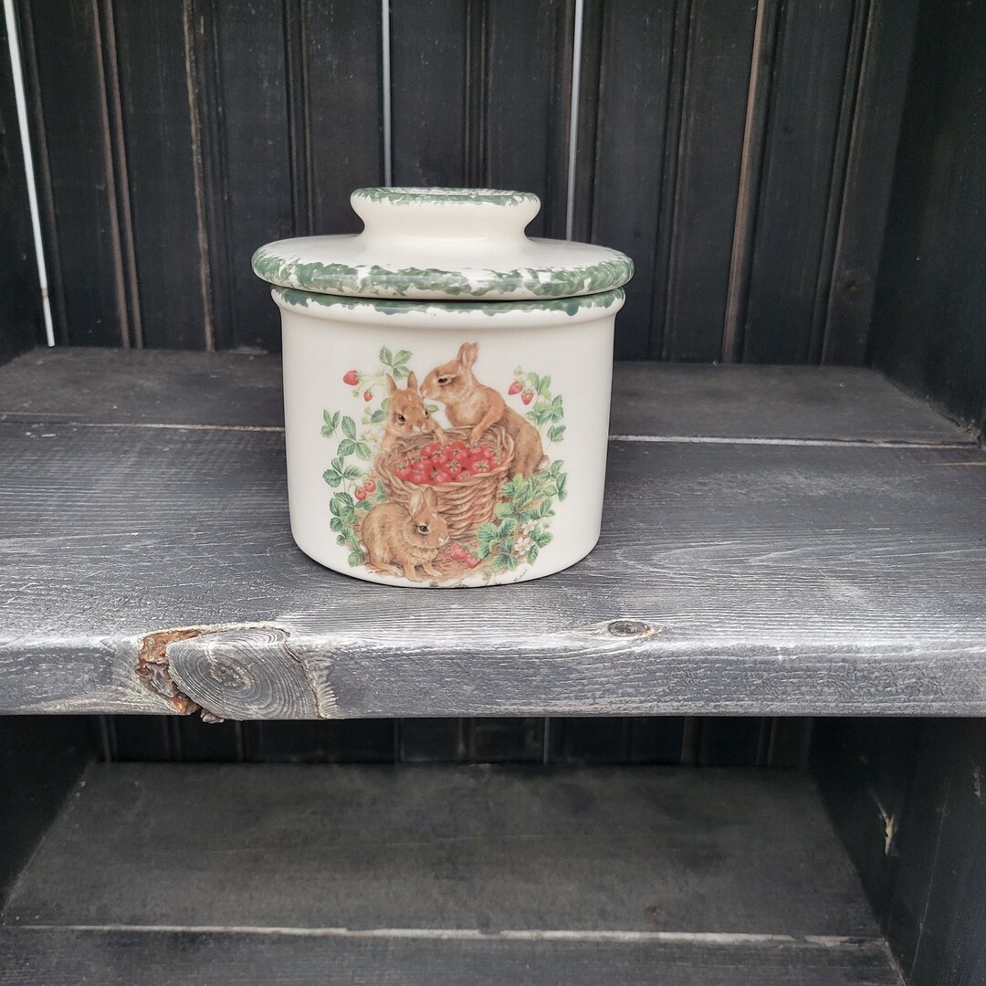 Rabbit and Strawberry Motif Counter Top Butter Crock With Hand Sponged ...