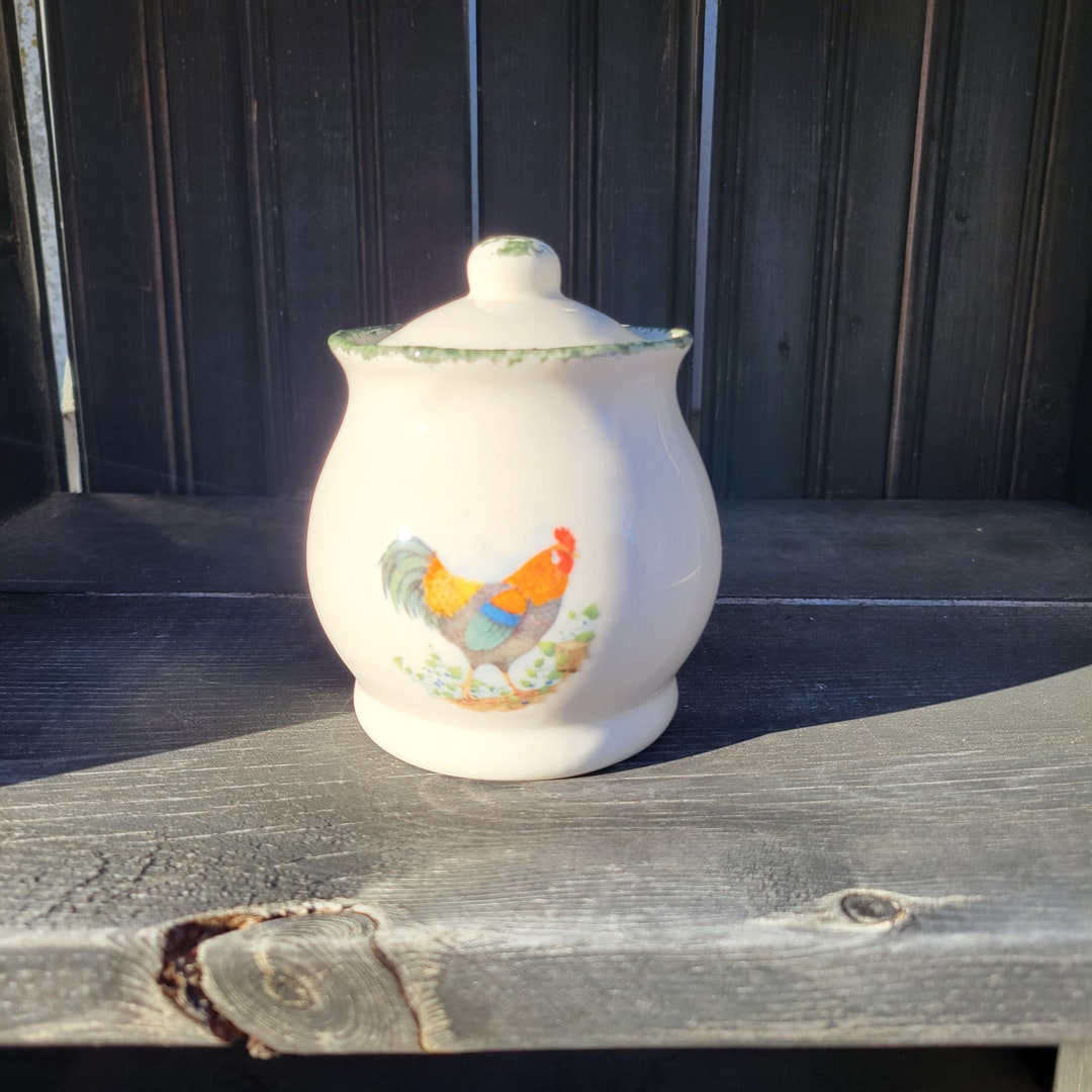 Rooster Motif Ceramic Sugar Bowl With Hand Sponged Green Trim - Etsy