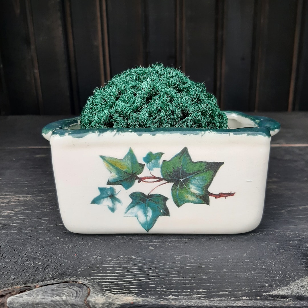 Ivy Motif Small Ceramic Scrubbie/scrubby Holder With Hand Sponged Green ...