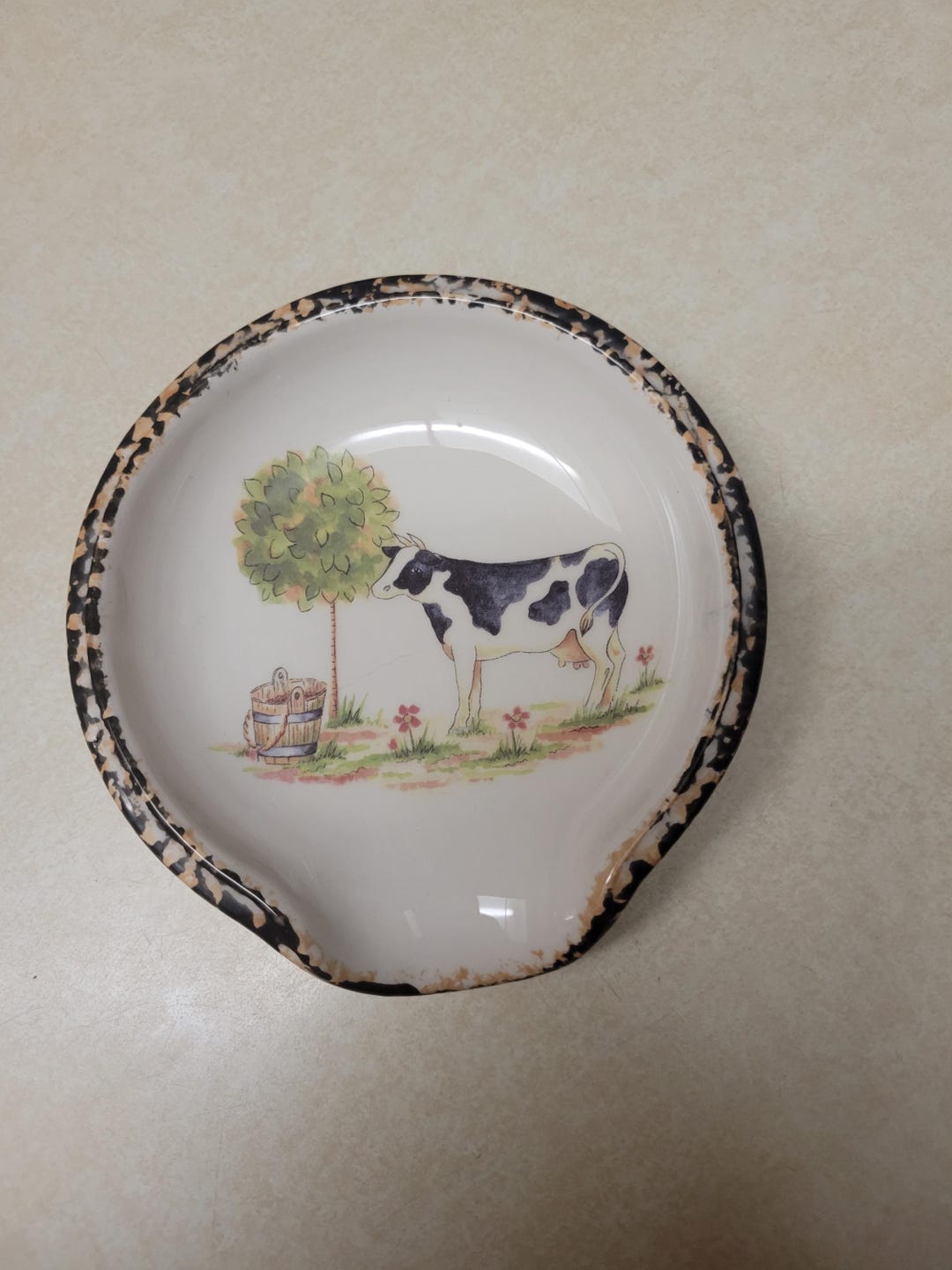 Cow Motif Ceramic Scoop Style Spoon Rest With Hand Sponged Black and ...