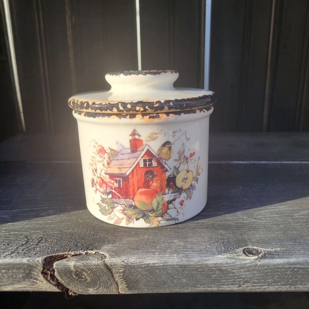 Rust Birdhouse Ceramic Counter Top Butter Crock With Hand Sponged Black ...