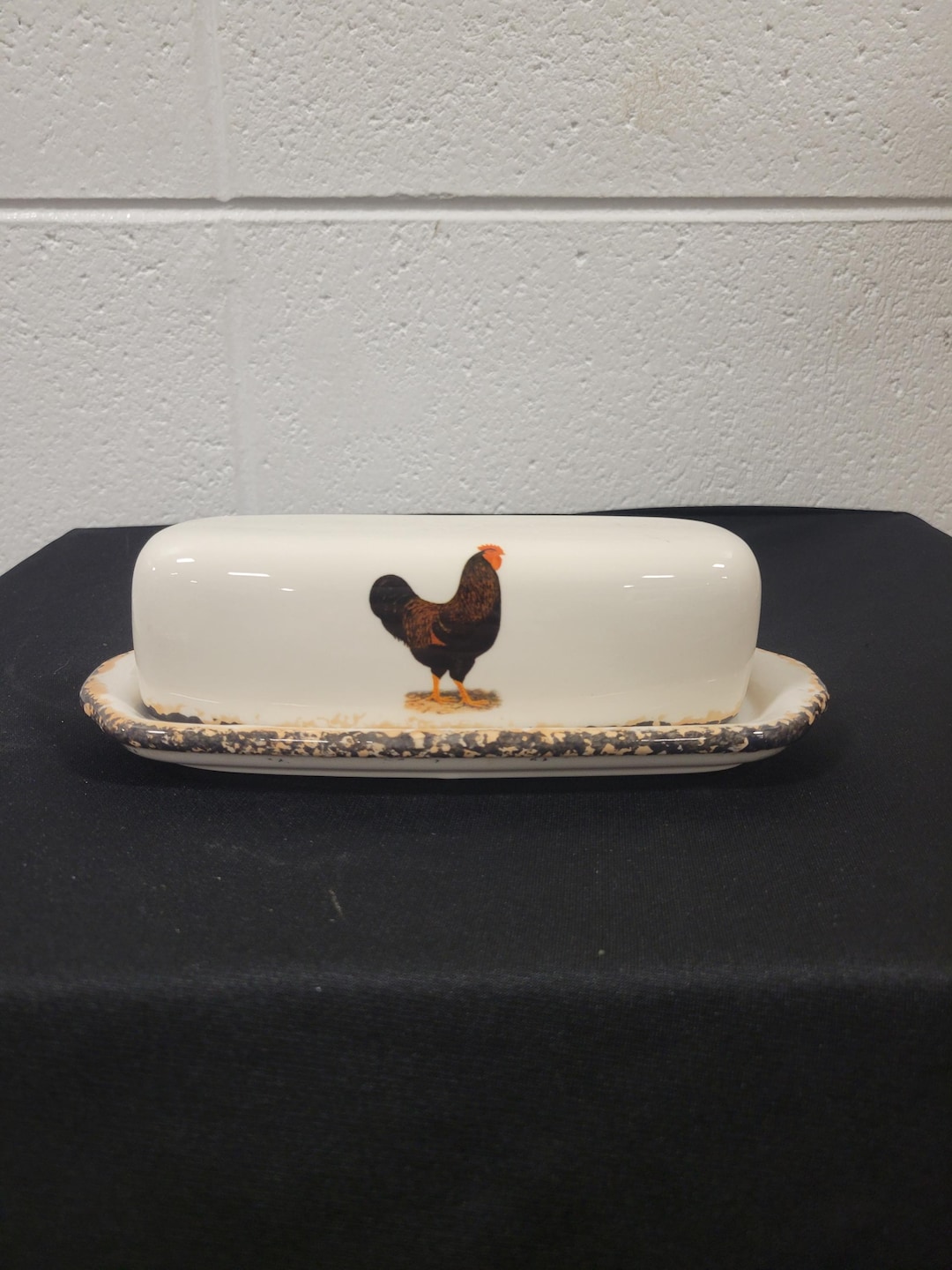 Brown Rooster Motif Classic Butter Dish With Hand Sponged Black and ...