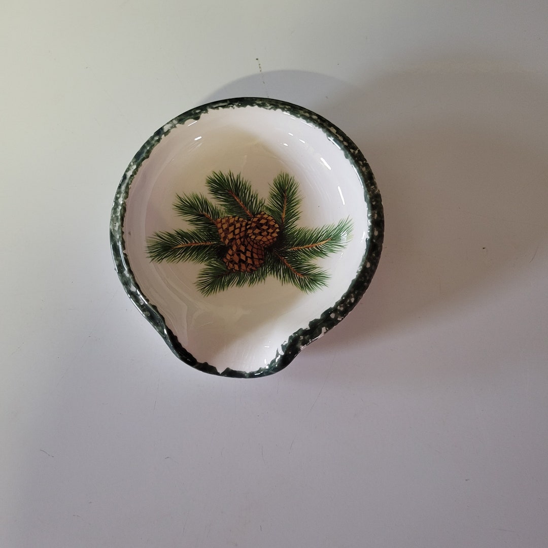 Pine Cone Motif Scoop Style Ceramic Spoon Rest With Hand Sponged Green ...