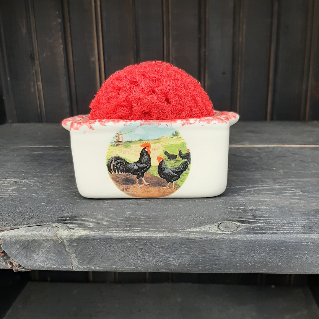 Black Rooster and Chicken Motif Small Ceramic Scrubby/scrubbie Holder ...