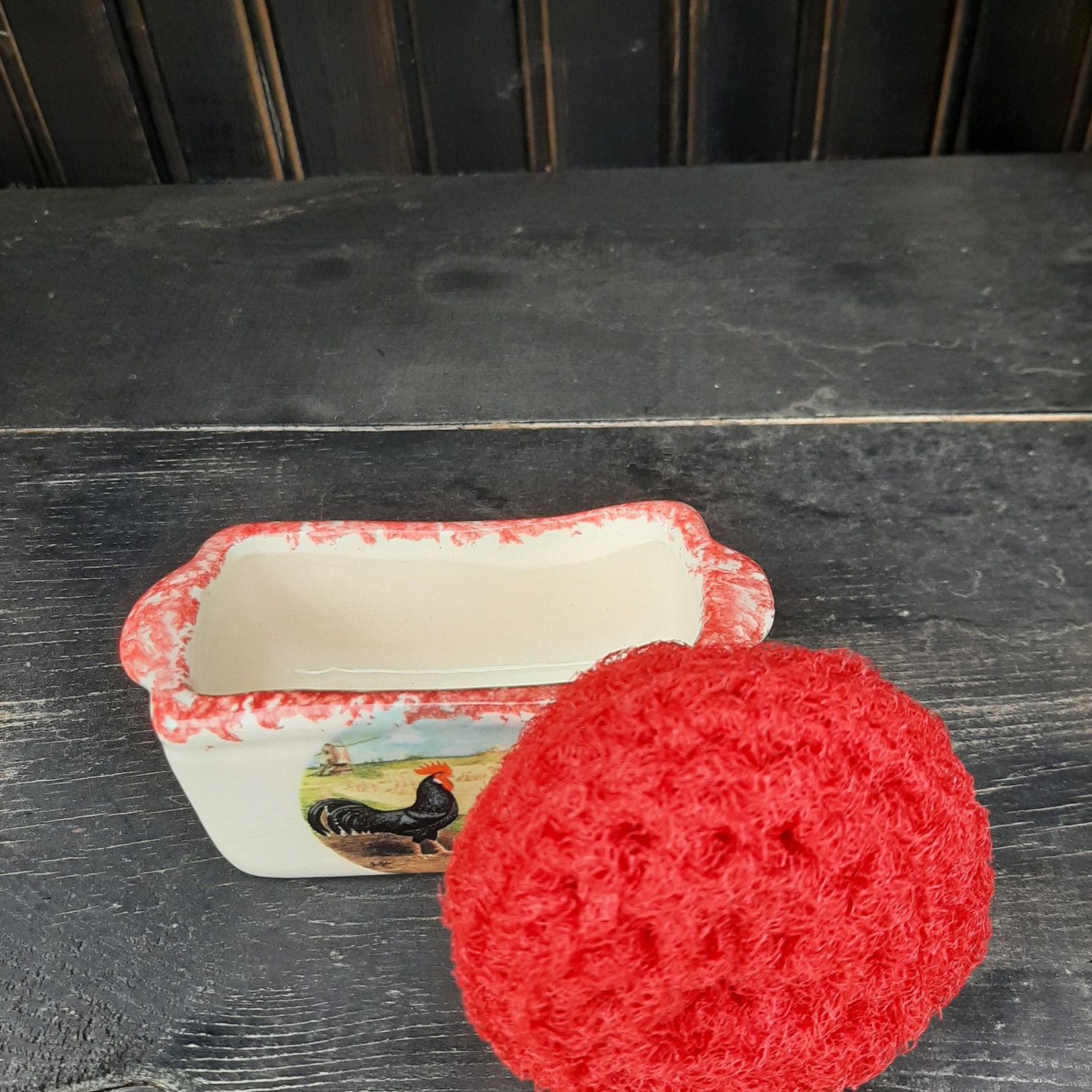 Black Rooster and Chicken Motif Small Ceramic Scrubby/scrubbie Holder ...