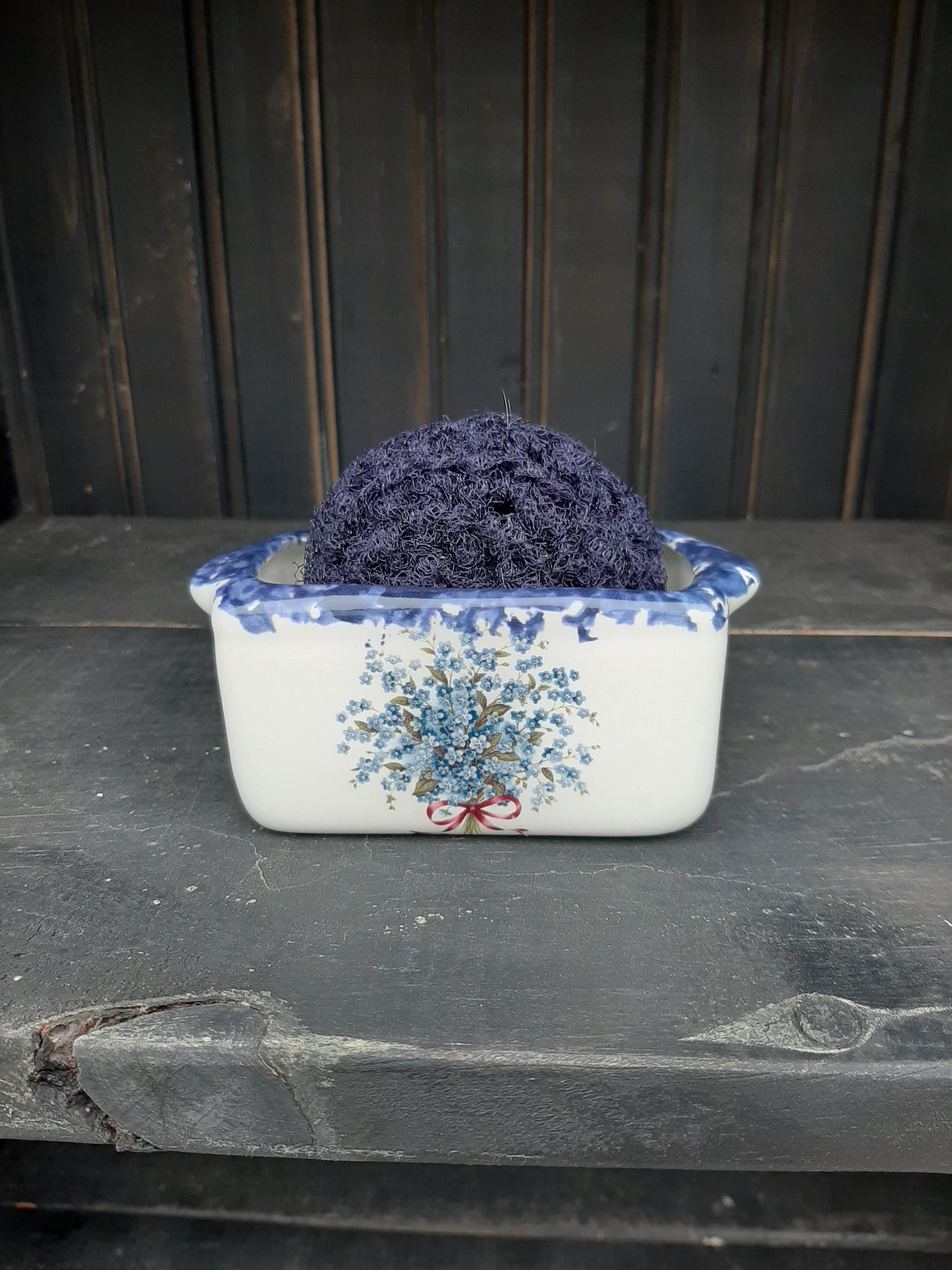 Forget Me Not ceramic scrubbie holder with navy trim with | Etsy