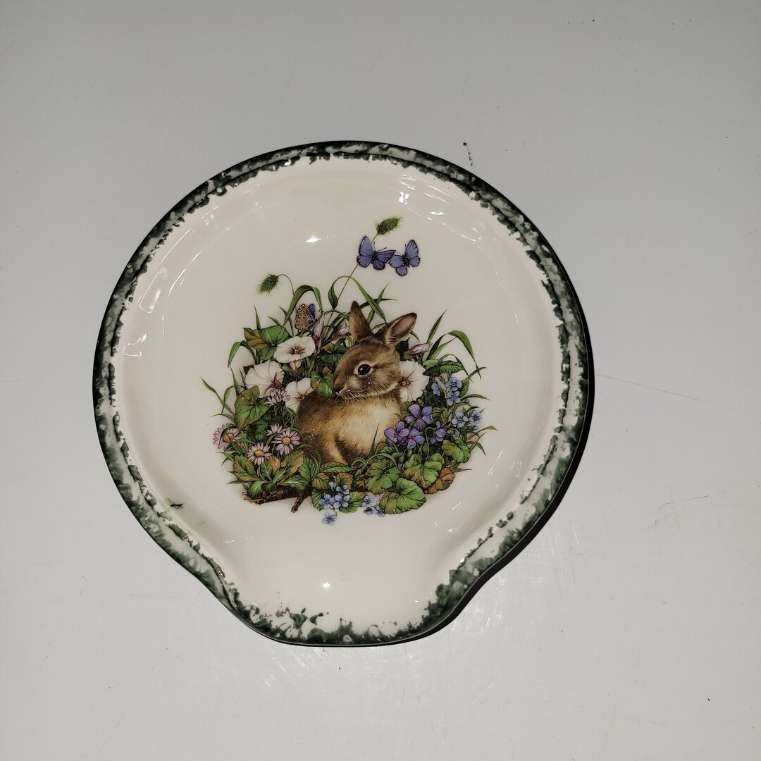 Rabbit Motif Ceramic Scoop Style Spoon Rest With Hand Sponged Green ...