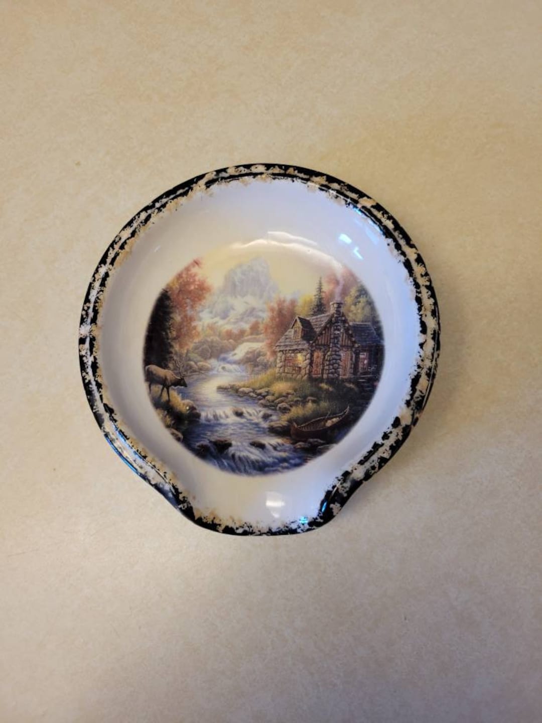 Cabin Elk Motif Ceramic Scoop Style Spoon Rest With Hand Sponged Black ...