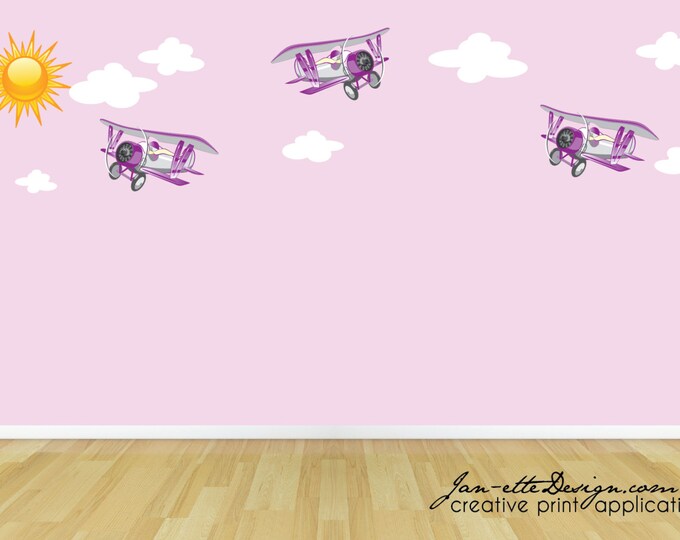 Girls Airplane Fabric Wall Decals,purple Airplanes With Sun and Clouds ...