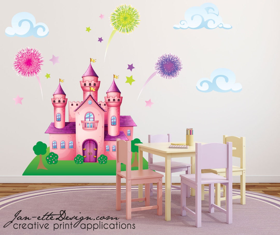 Princess Castle With Fireworks and Clouds Fabric Wall Decal Set, Girls ...