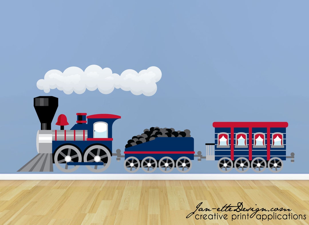 Train Wall Sticker, Large Blue Train Wall Decal, Train Wall Art, Fabric ...
