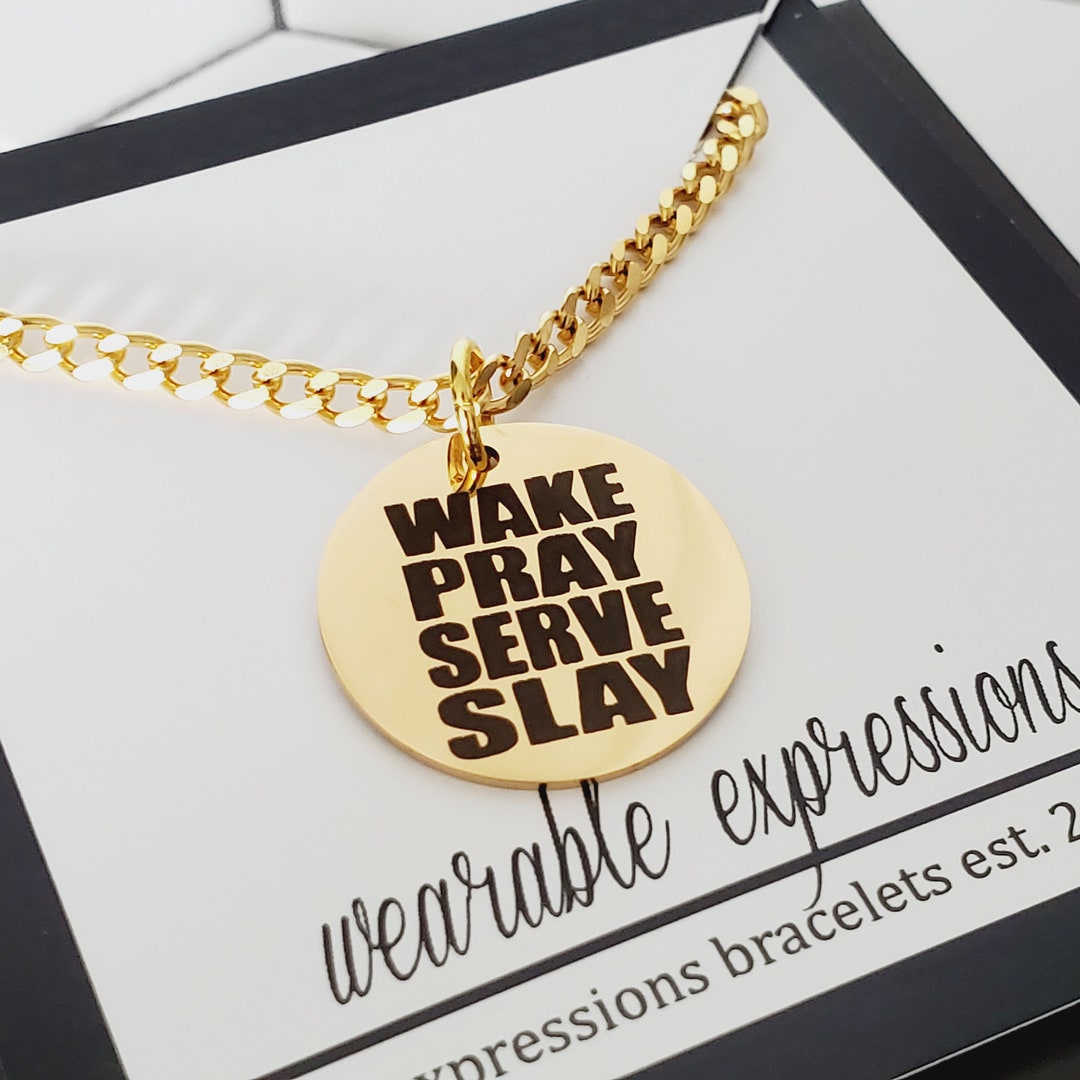 Encouraging Quote Wake Pray Slay Gold Necklace, Christian Charm ...