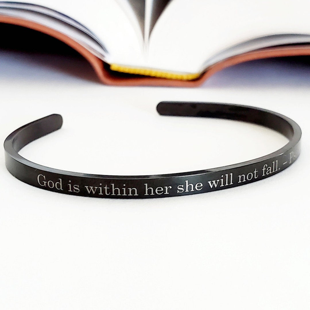 God is Within Her Mantra Cuff, Dainty 4mm Cuff Psalm 46:5 Bible Verse ...