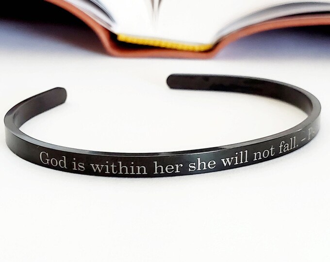 God is Within Her Mantra Cuff, Dainty 4mm Cuff Psalm 46:5 Bible Verse ...