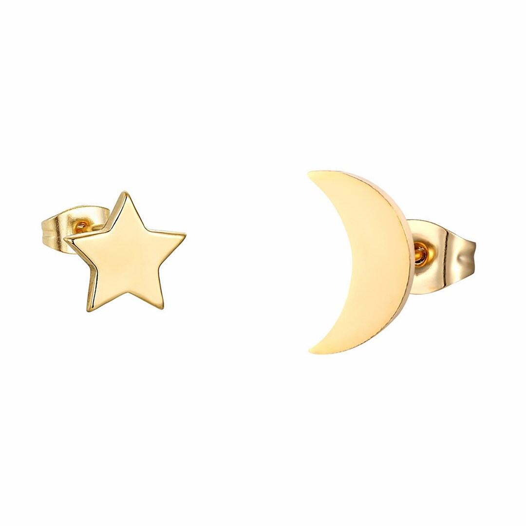Tiny Gold Half Moon and Star Combo Earrings, Celestial Symbols, Gifts ...
