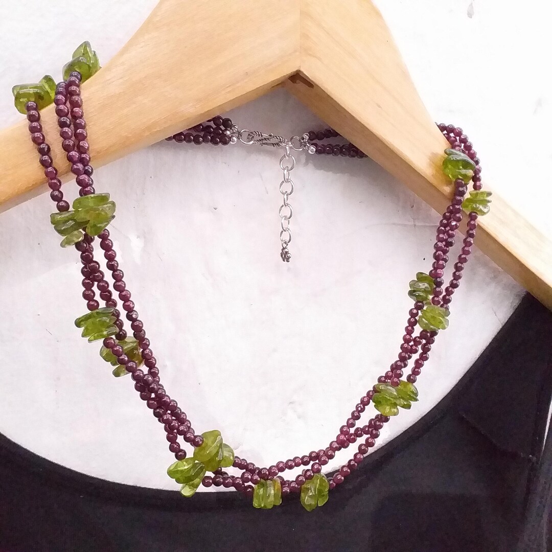 Peridot and Red Garnet 3 Strands Necklace, Gemstone Multi Strand ...