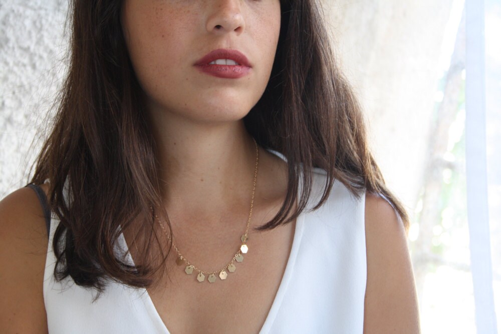 Delicate Gold Charms Necklace, Hexagon Charm Necklace, Dainty Hexagon ...