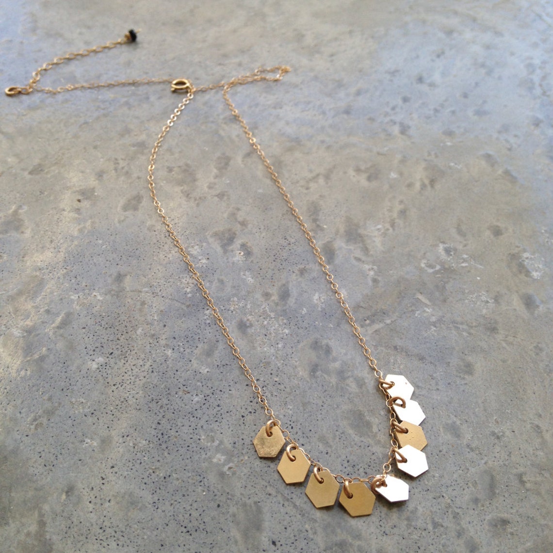 Delicate Gold Charms Necklace, Hexagon Charm Necklace, Dainty Hexagon ...