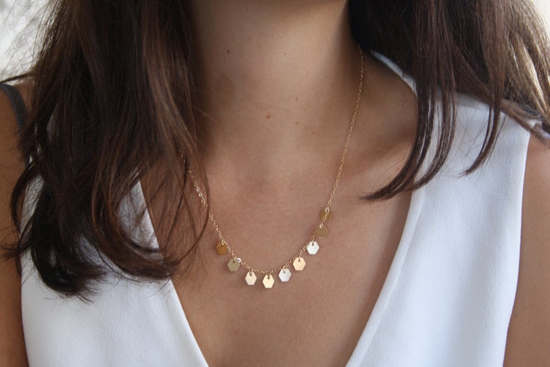 Delicate Gold Charms Necklace, Hexagon Charm Necklace, Dainty Hexagon ...