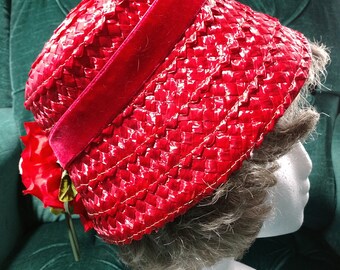 Red straw hat | Etsy