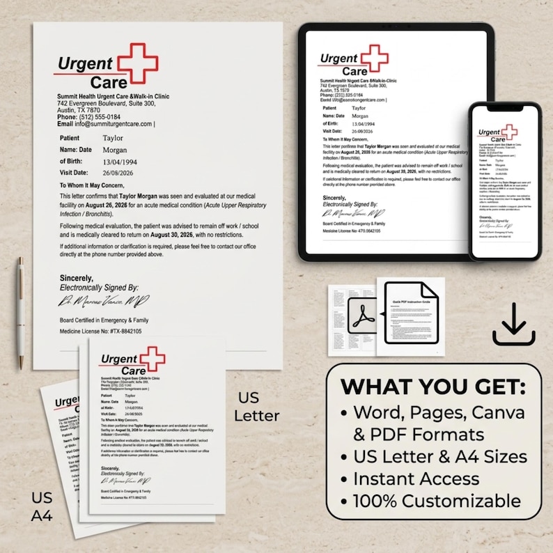 Medical Excuse Letter Template, Urgent Care Doctor Note for Work and ...
