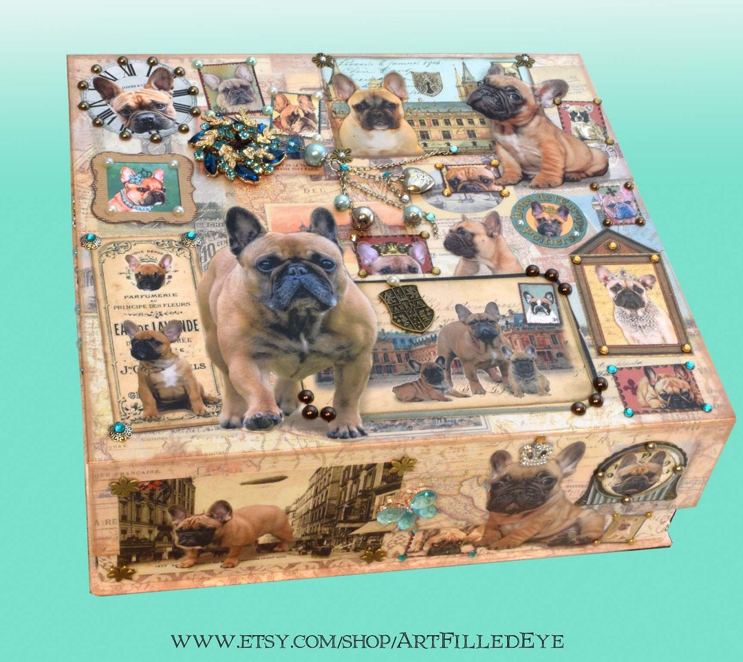 Embellished Parisian Box Decoupaged Black Mask Fawn French Bulldogs ...