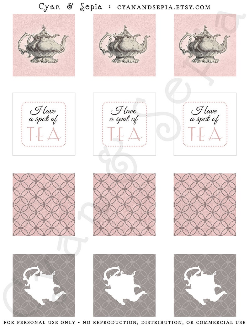 Printable 2x2 Party Squares Favor Tags - Antique Teapot - Tea Party ...