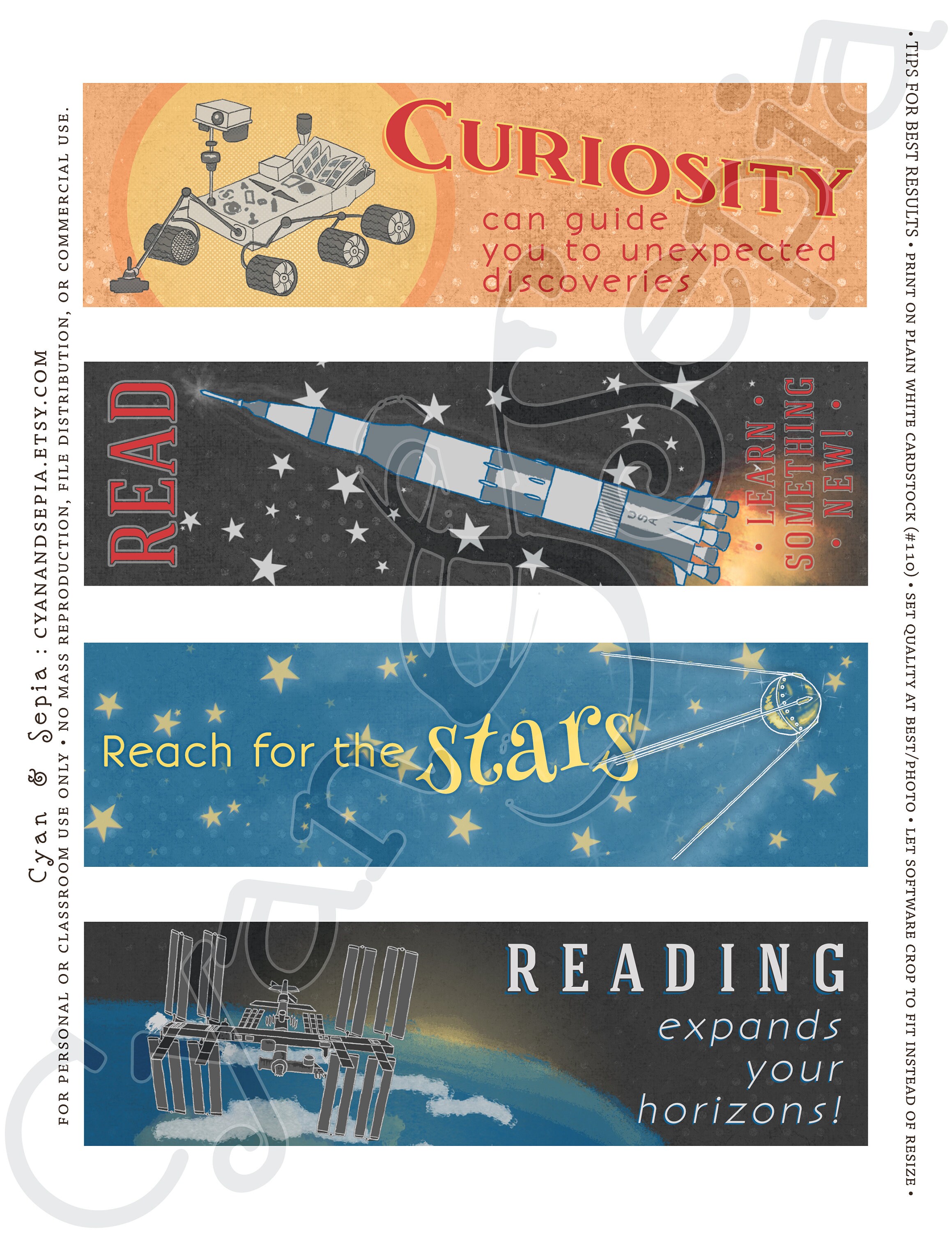 Printable Bookmarks - Space Exploration - 4 Designs Print-your-own PDF ...