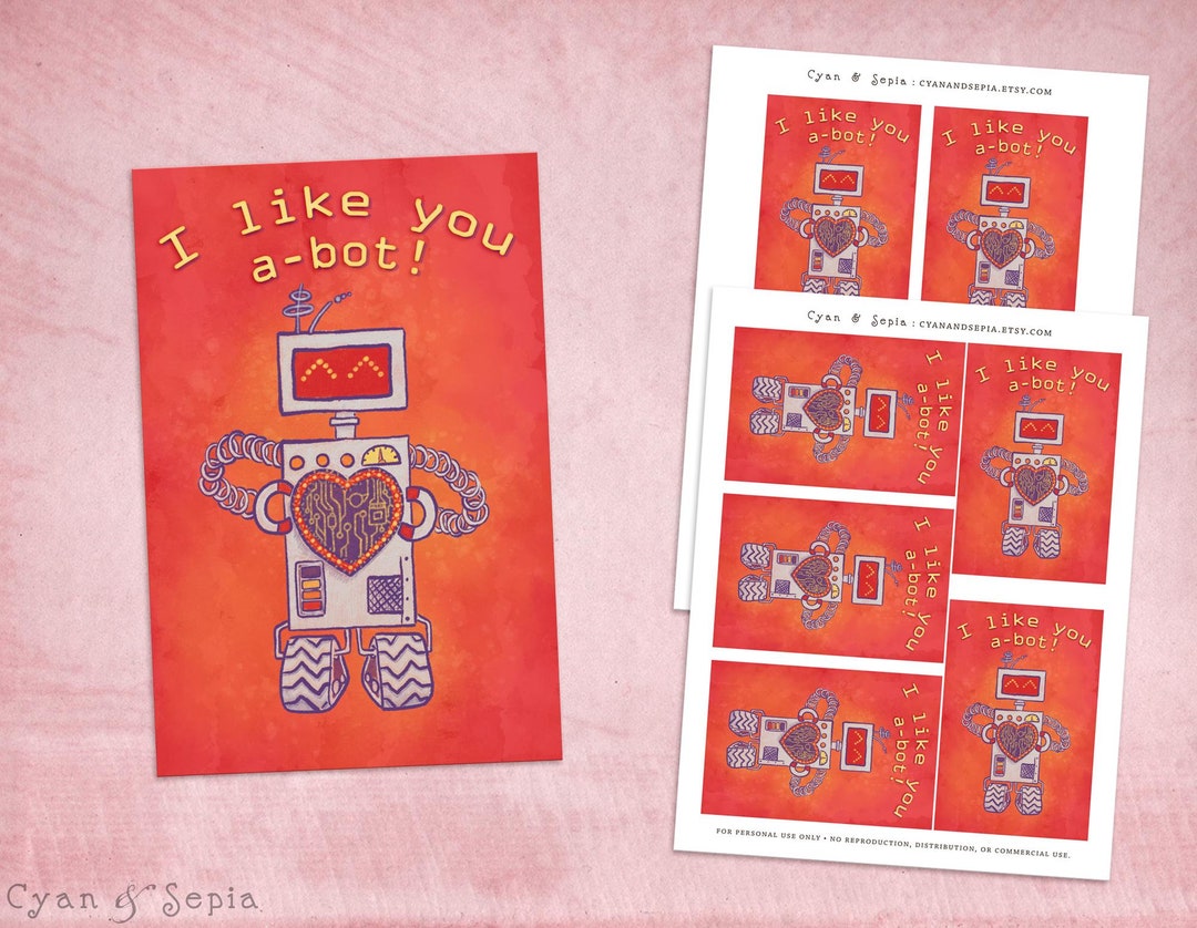 Printable Valentine Cards - Heartbot - Print Your Own, Digital Download ...