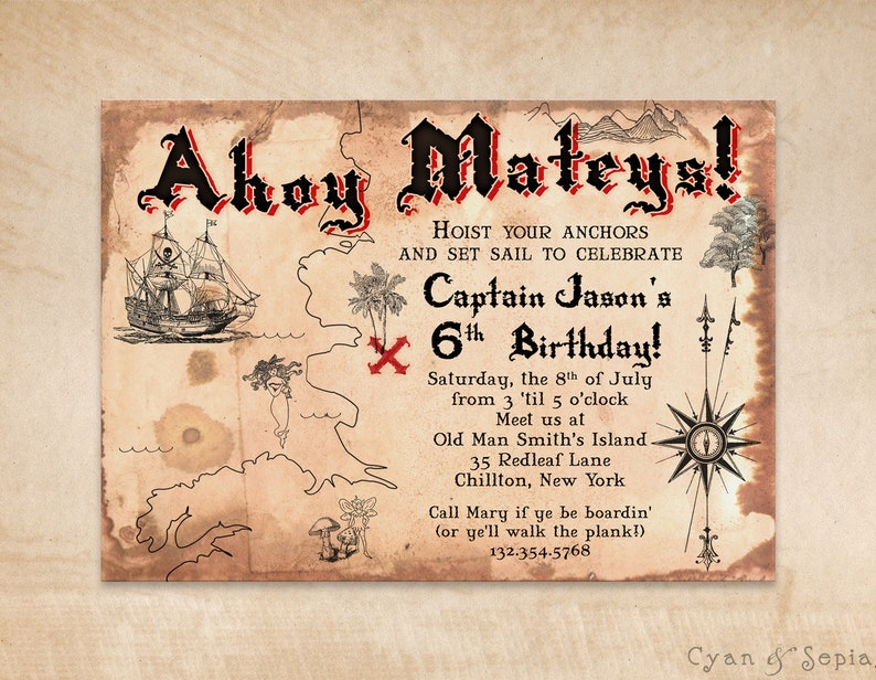 Pirate Treasure Map Invitation - Print-your-own or Digital File - 5x7 ...