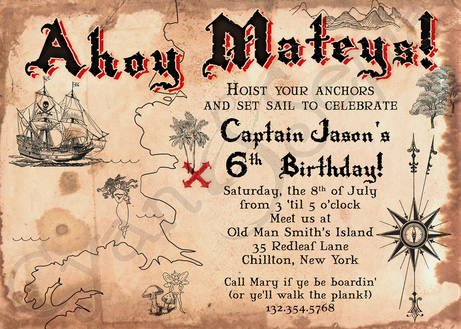 Pirate Treasure Map Invitation - Print-your-own or Digital File - 5x7 ...