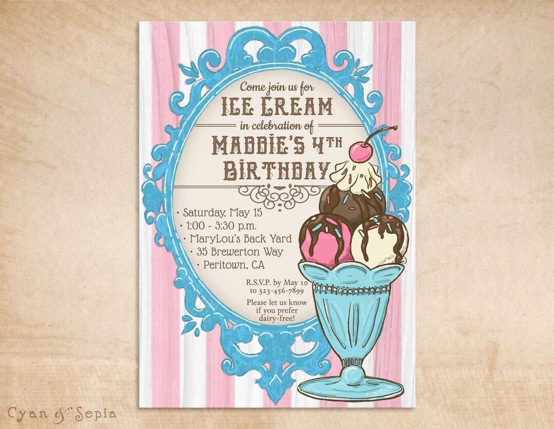 Vintage Ice Cream Parlor Invitation, Print-your-own or Digital File ...