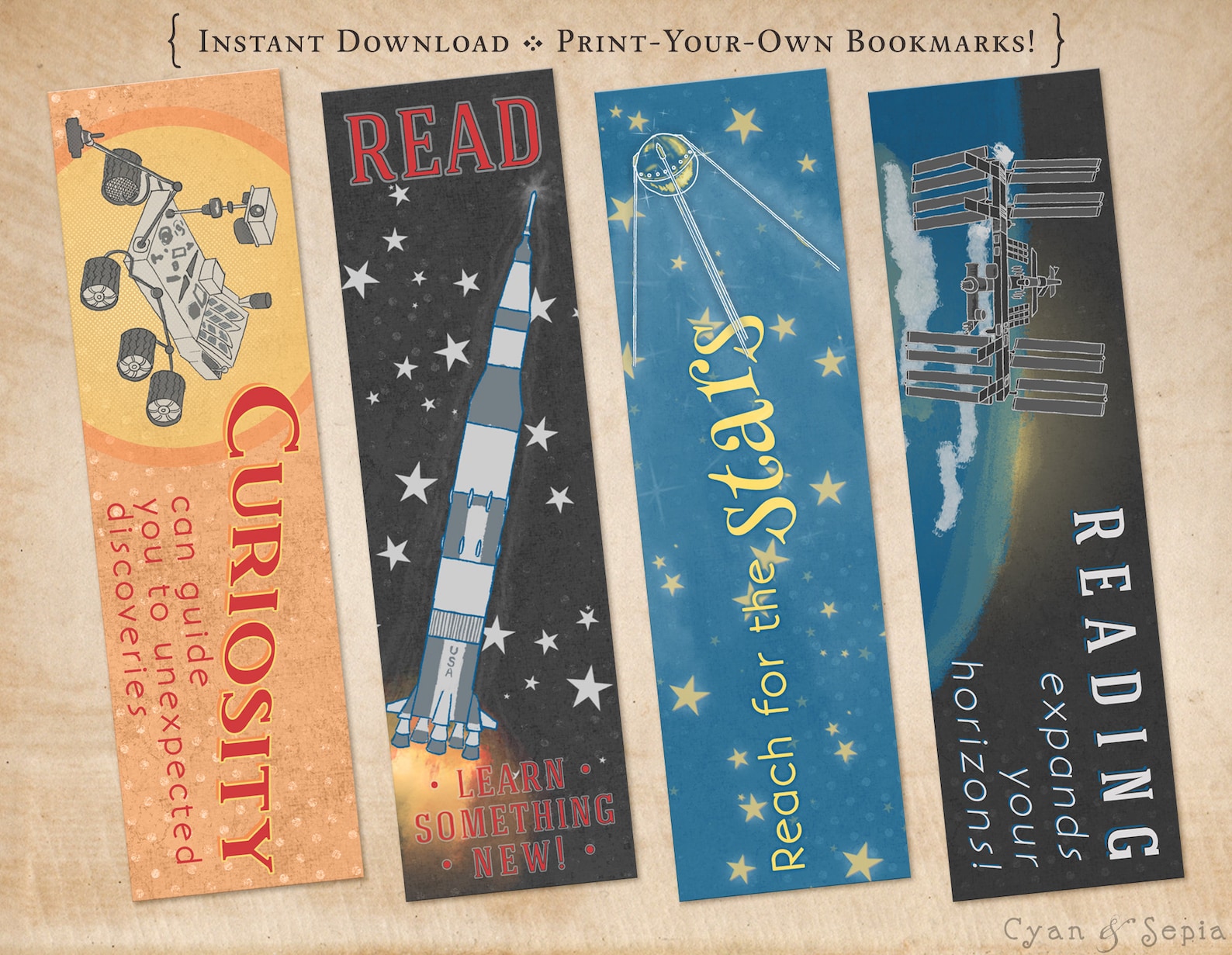 Printable Bookmarks - Space Exploration - 4 Designs Print-your-own PDF ...