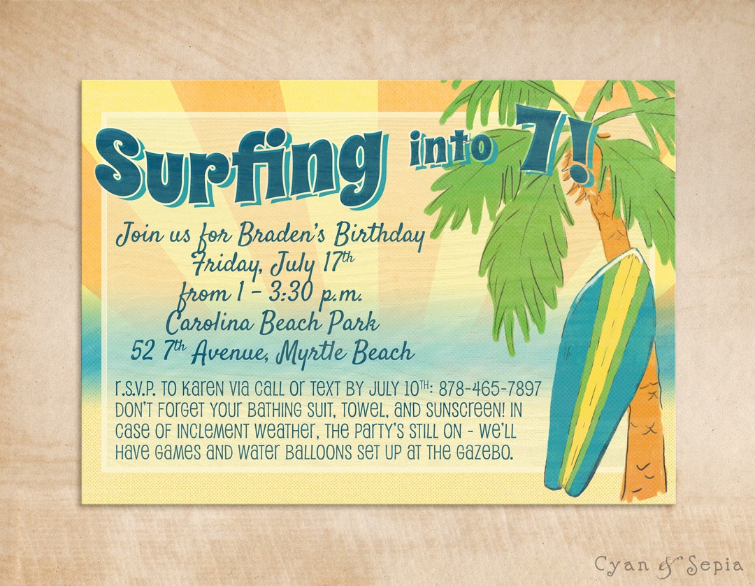 Sunny Surf Party Invitation, Print-your-own or Digital File - 5x7 ...