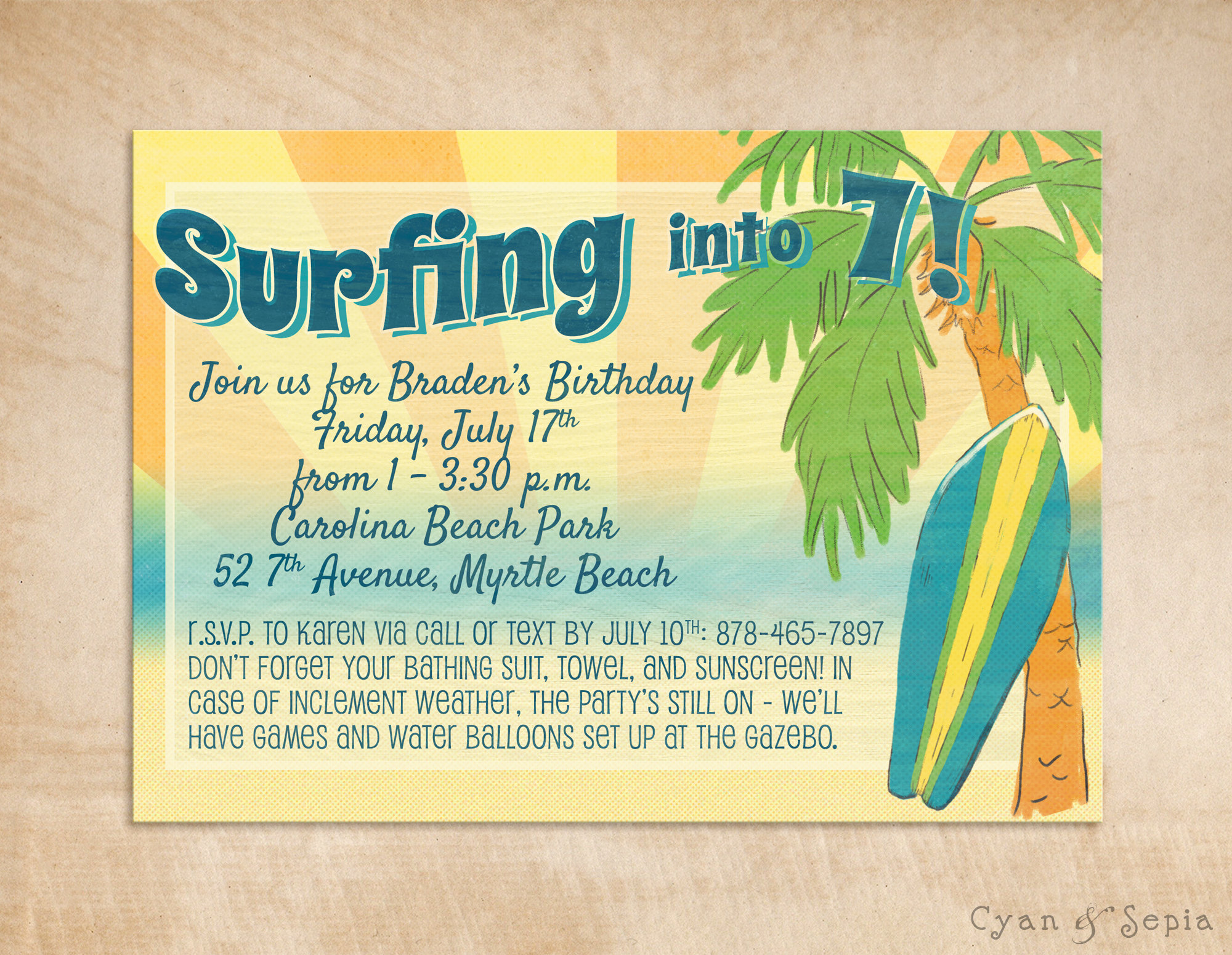 Sunny Surf Party Invitation, Print-your-own or Digital File - 5x7 ...