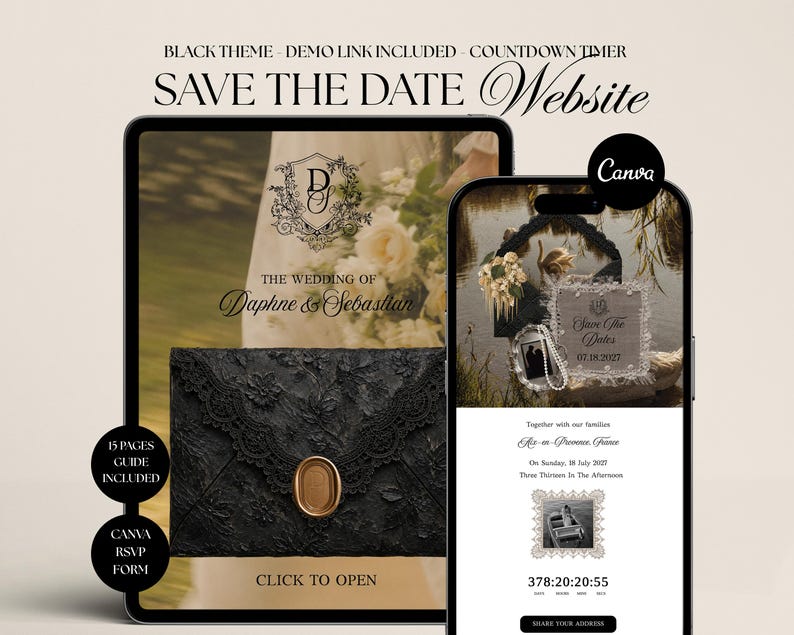 Black Lace Wedding Website Template: RSVP, Countdown, Canva Save the ...