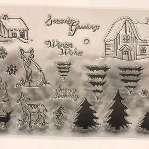 23 Piece Seasons Greetings Fox Deer Tree and More Clear Stamp Set, 10 ...
